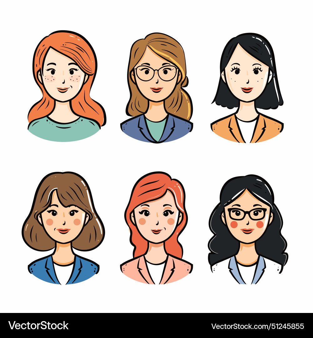 Collection six female characters smiling Vector Image