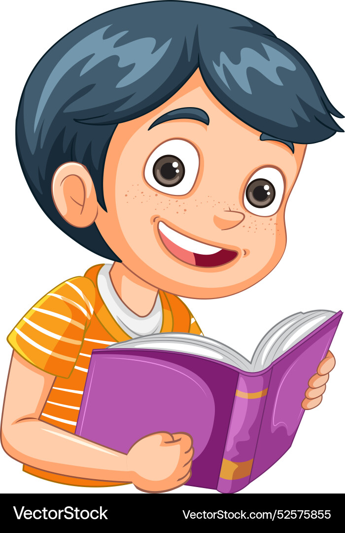 Smiling boy enjoying a purple book Royalty Free Vector Image