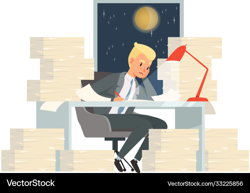 Work at night man working with papers solving Vector Image