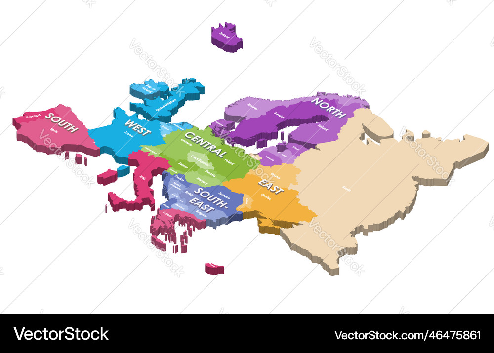 Europe 3d isometric map colored by regions Vector Image