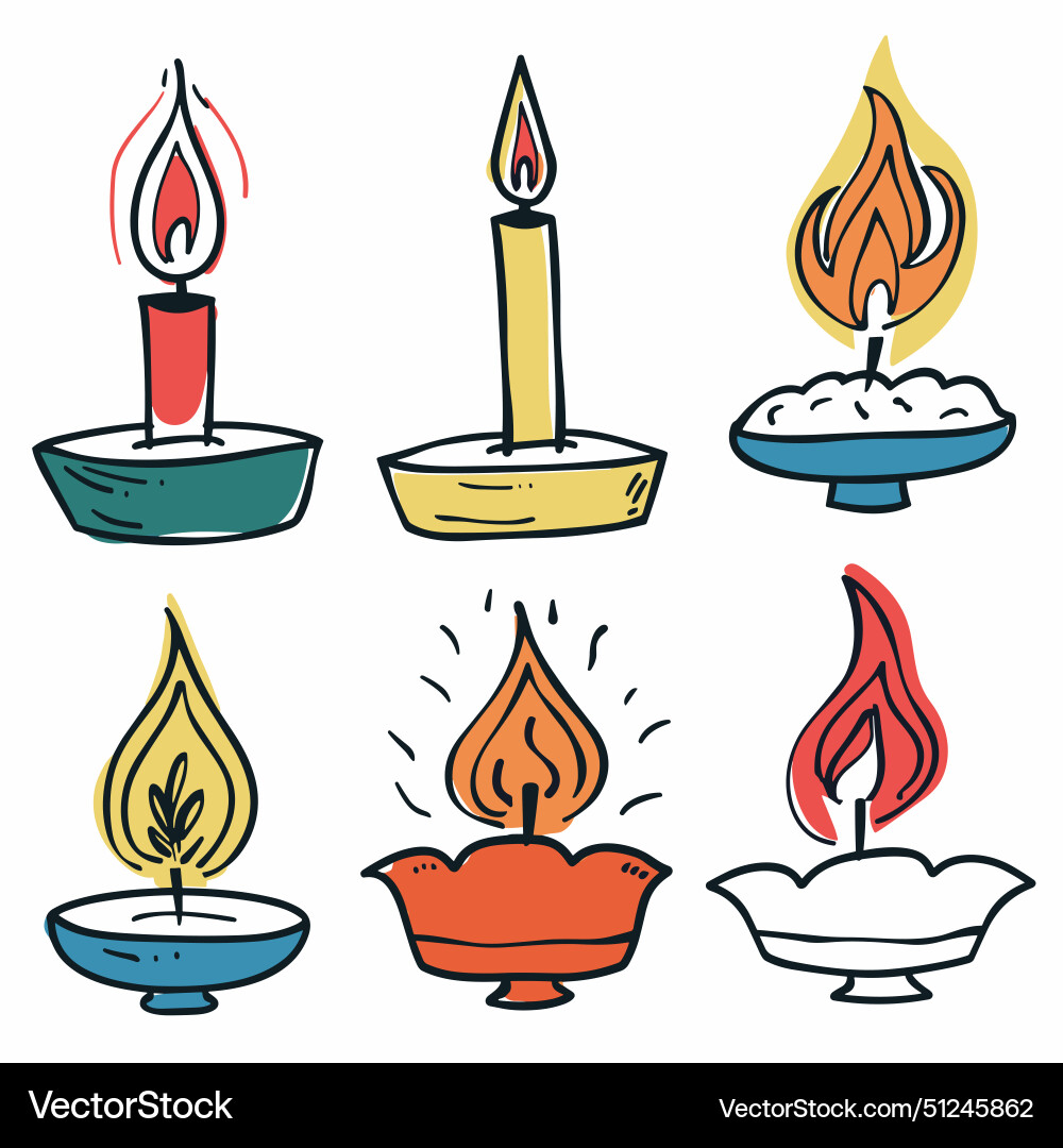 Six candles varying designs flames colorful Vector Image