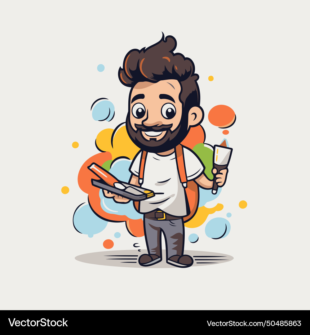 Cartoon painter holding paintbrushes and paints Vector Image