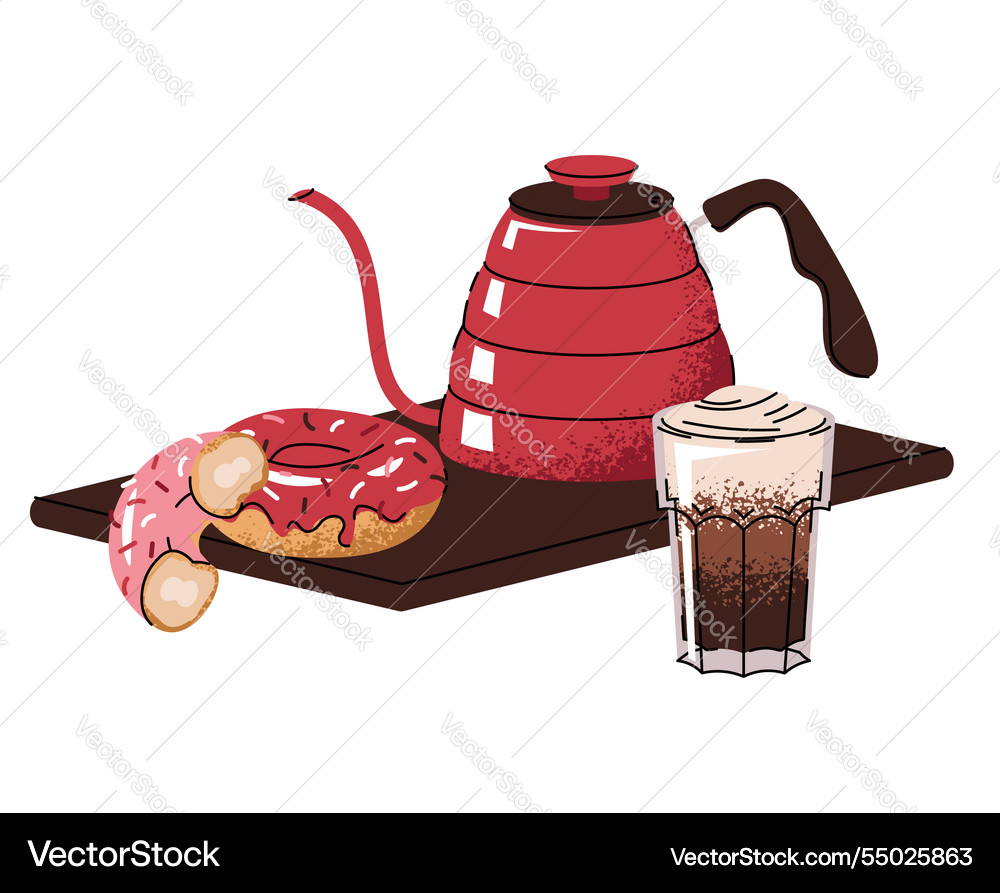 Coffee pot with coffee and glazed donut coffee Vector Image