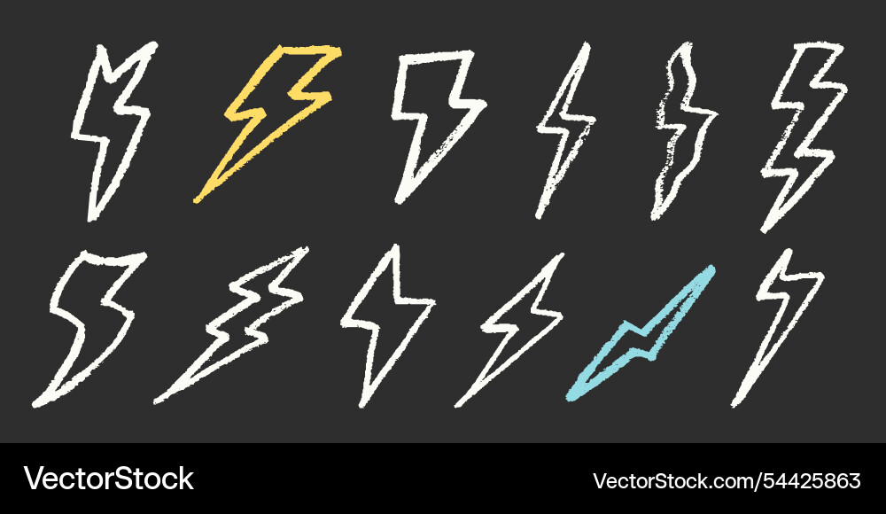 Crayon lightning bolt set chalk scribble Vector Image