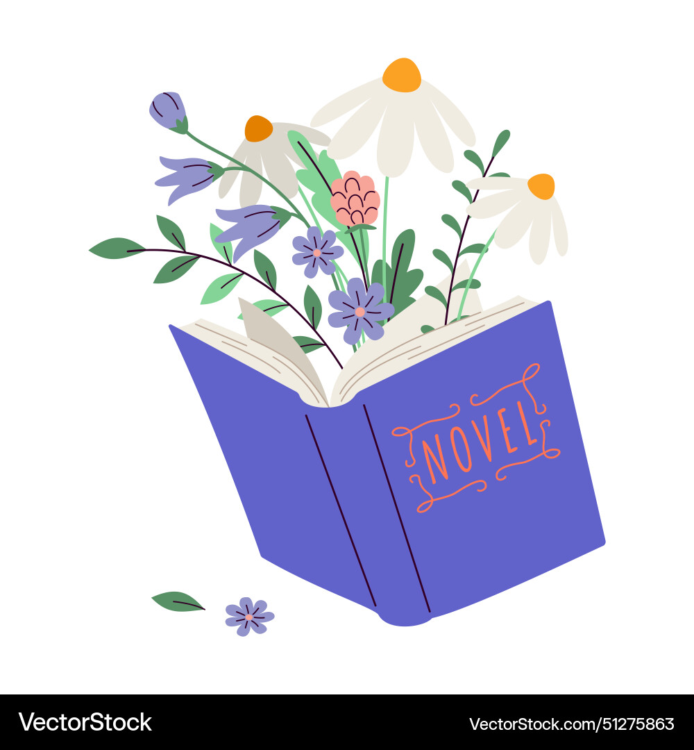 Open book with blooming wild flower sand leaves Vector Image