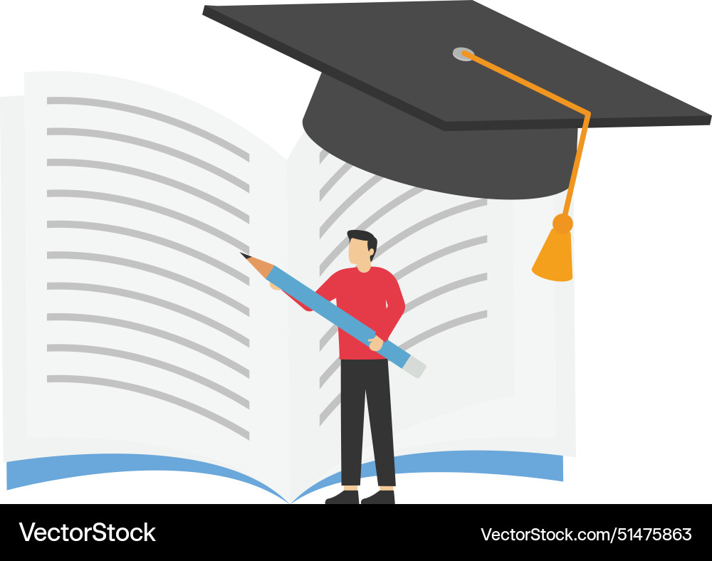 Tiny male character reading and thinking in front Vector Image