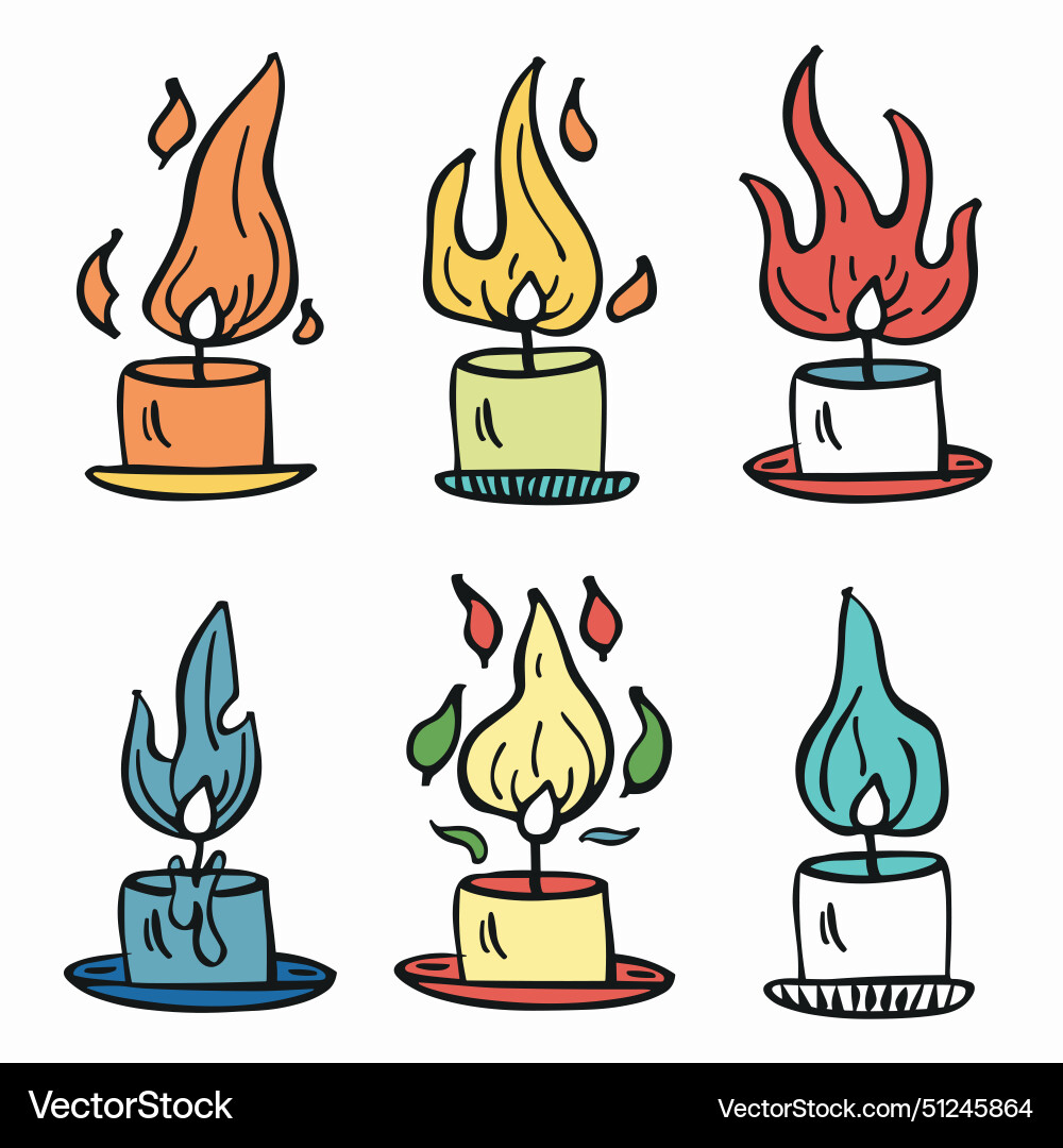 Handdrawn candles burning vibrant flame colors Vector Image
