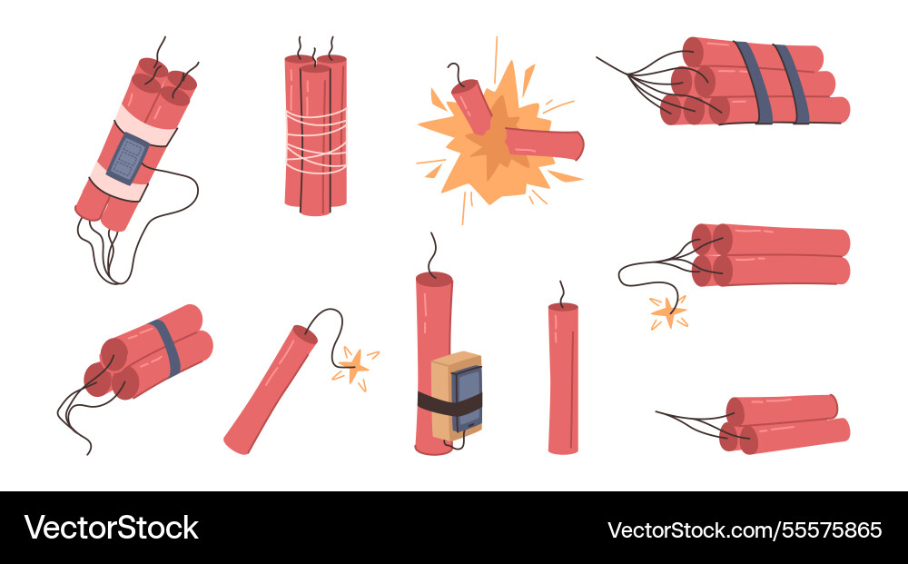 Explosive weapons dynamites burning and explode Vector Image