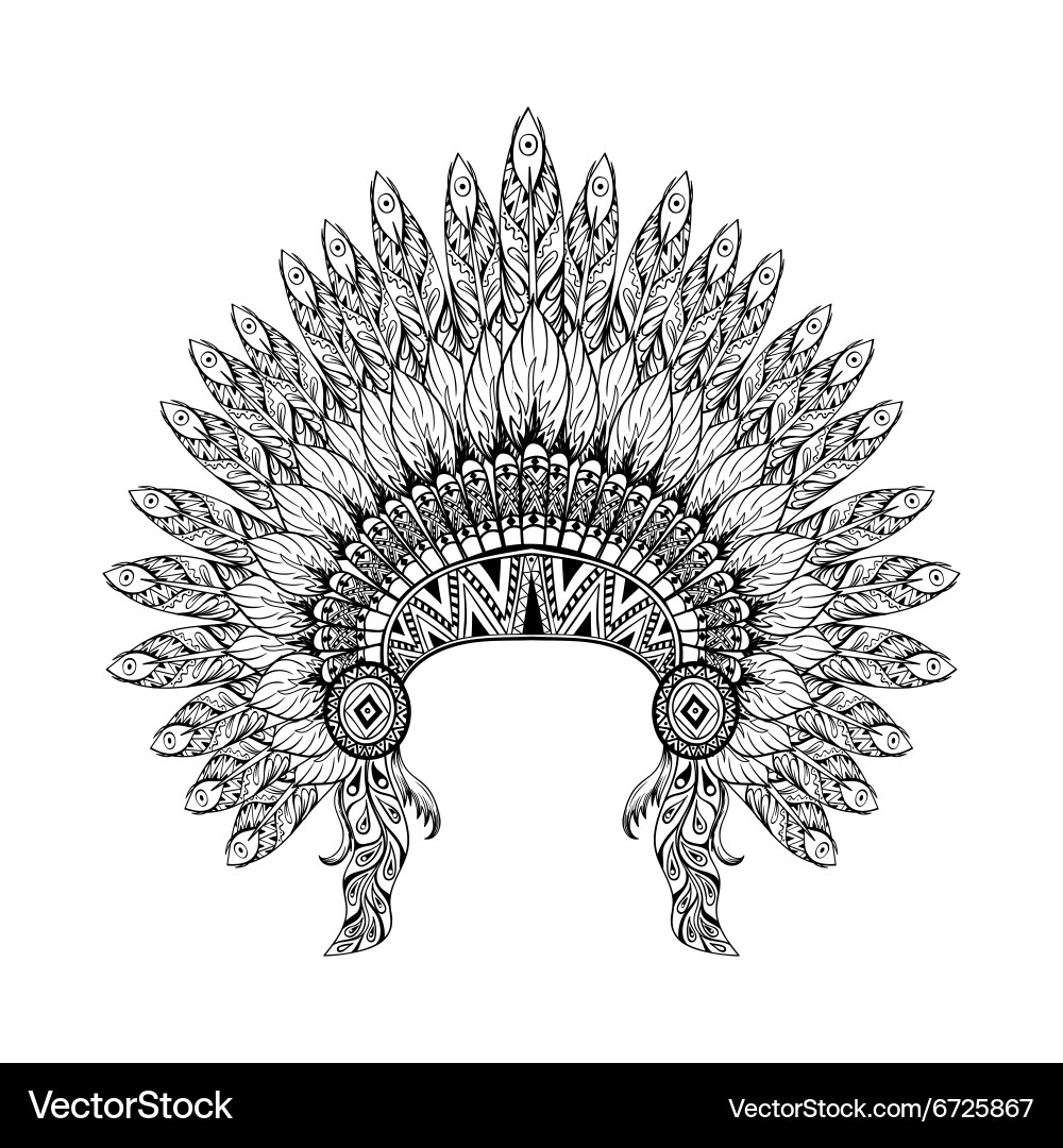 Hand drawn feathered war bonnet in entangle style Vector Image
