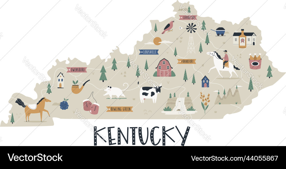 Kentucky map state with landmarks and symbols Vector Image