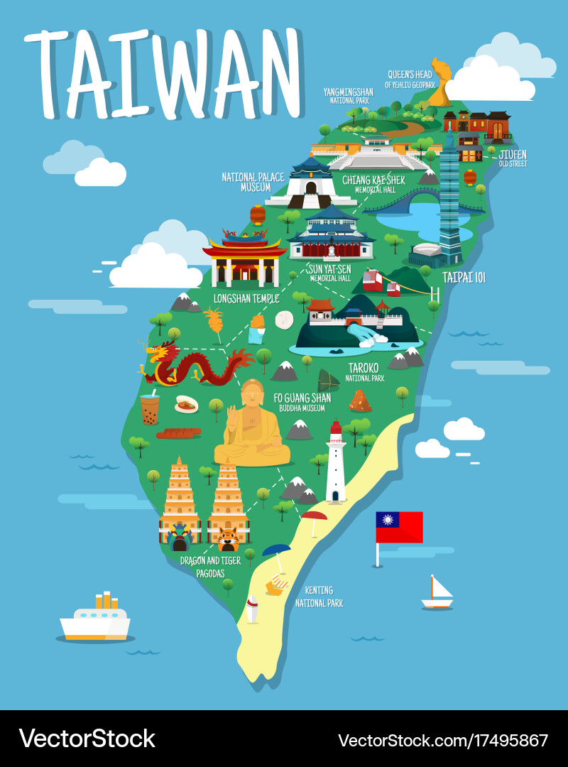 Taiwan map with colorful landmarks design Vector Image