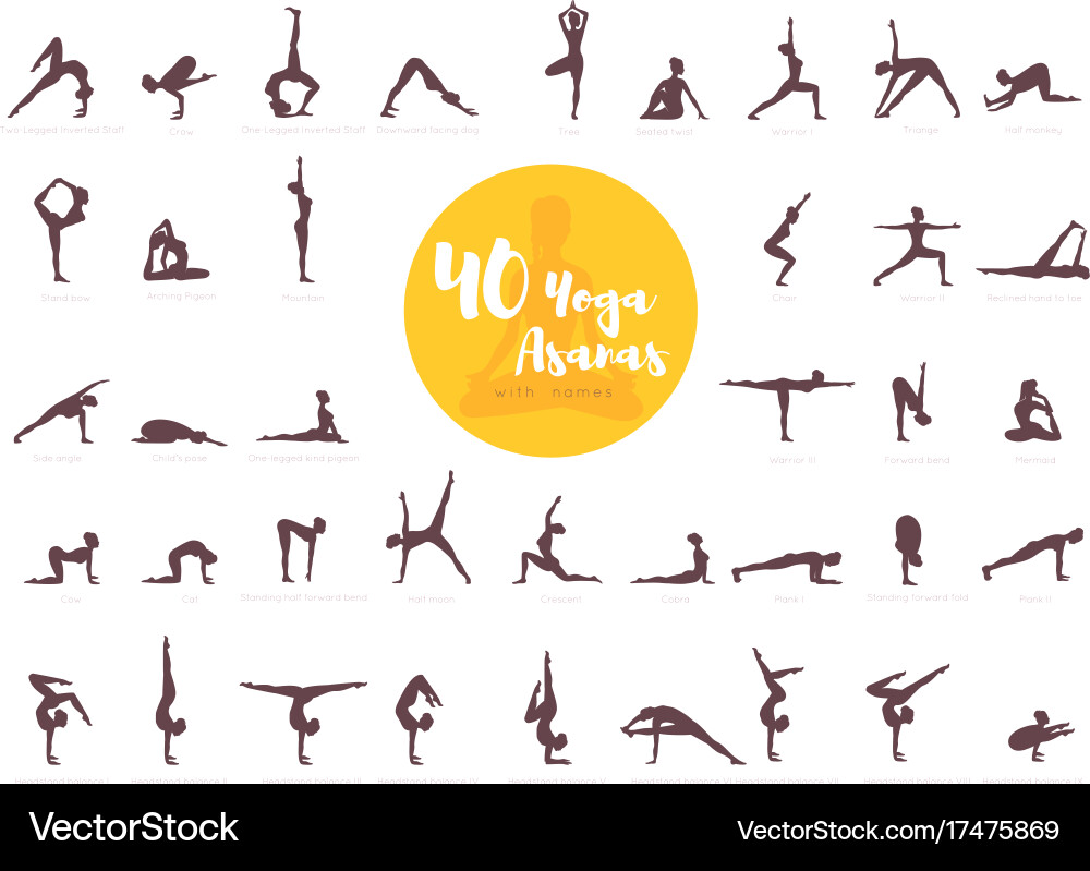 40 yoga asanas with names Royalty Free Vector Image