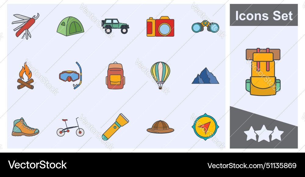 Adventure outdoor and camping activities icon set Vector Image