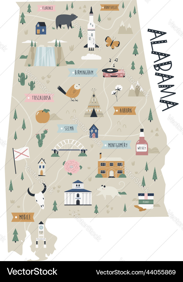 Alabama map state with landmarks and symbols Vector Image