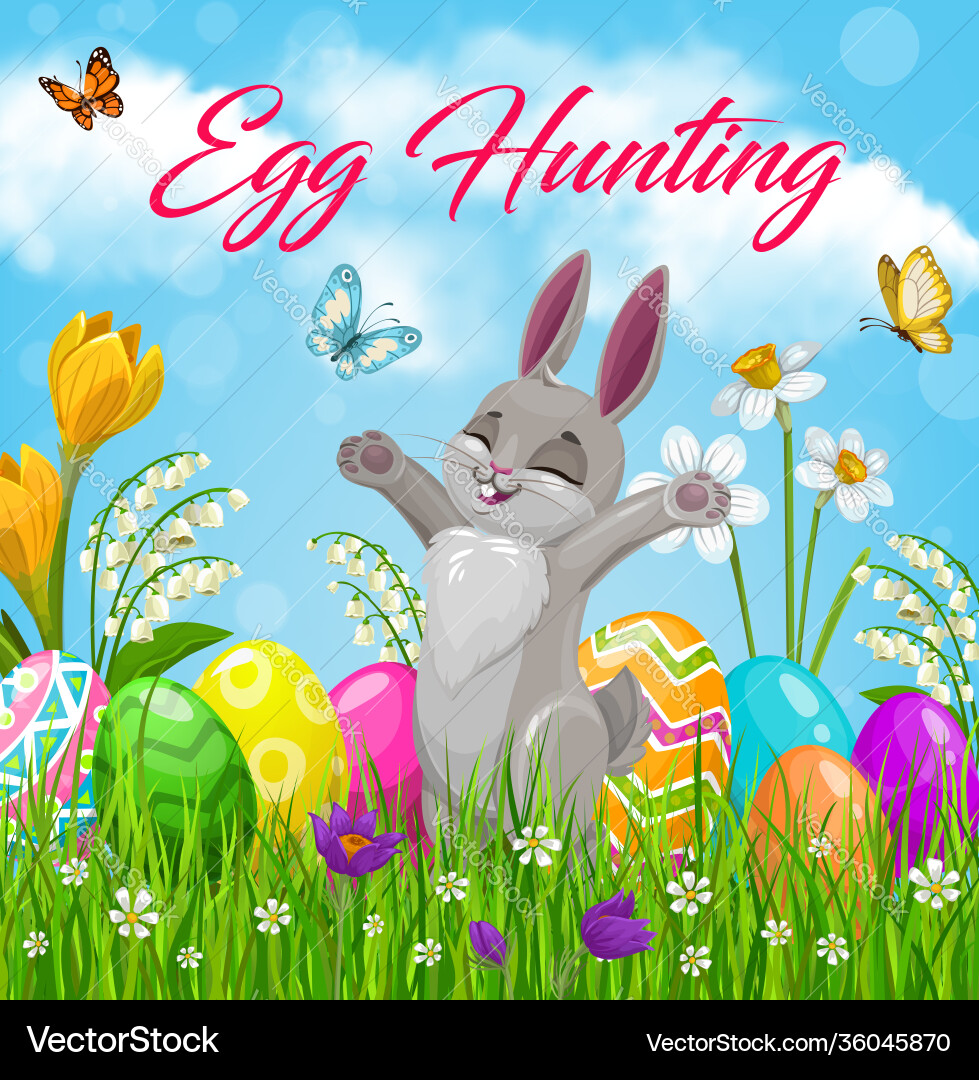Easter egg hunt bunny on green grass with flowers Vector Image