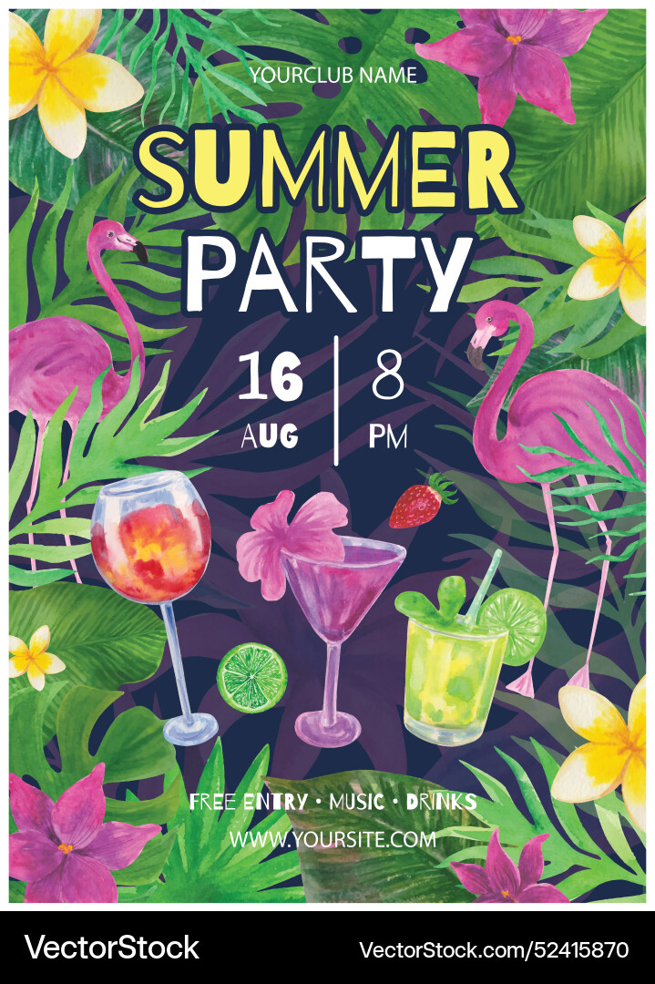 Watercolor summer party poster template Royalty Free Vector
