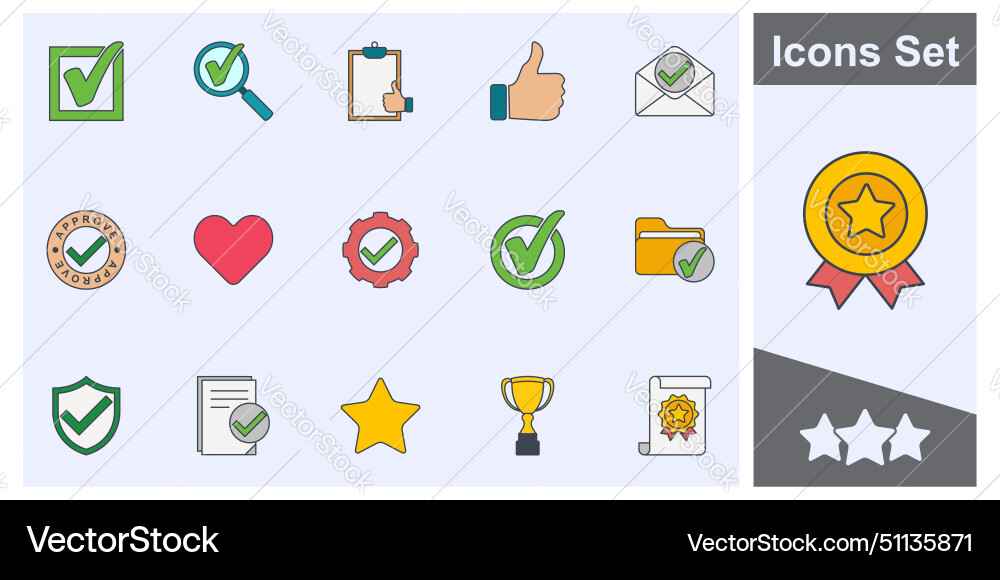 Approve checkmark and quality product icon set Vector Image