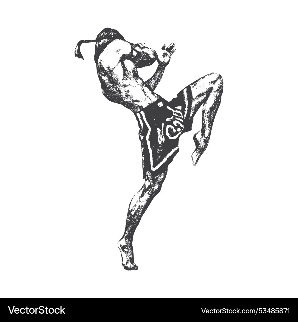 Muay Thai Fighter In Mid Air Executing A Powerful Vector Image