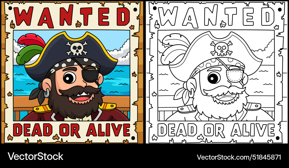 Pirate wanted poster coloring page Royalty Free Vector Image