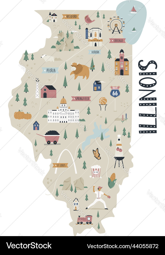 Illinois map state with landmarks and symbols Vector Image