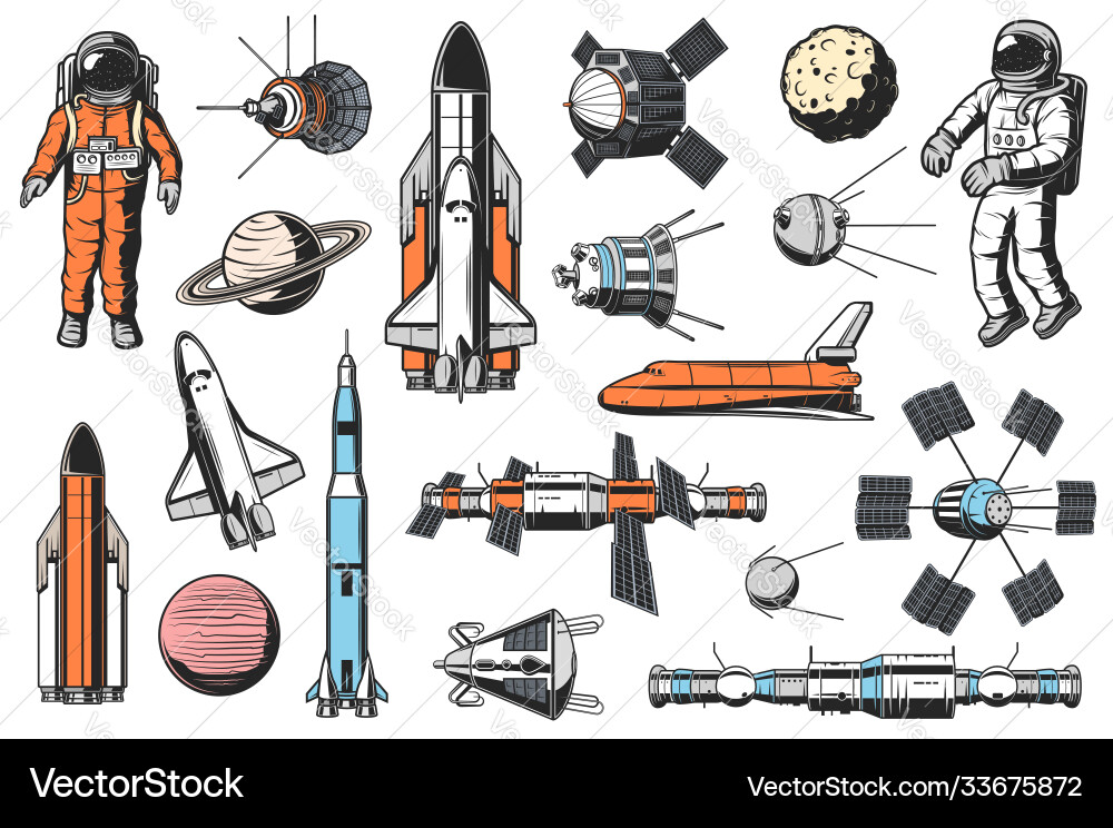Space and astronomy retro icons set Royalty Free Vector