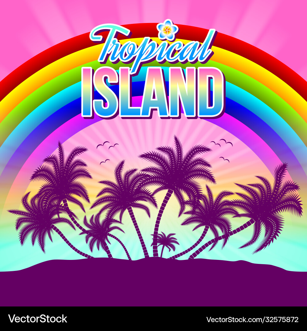 Tropical island with palm trees rainbow Royalty Free Vector