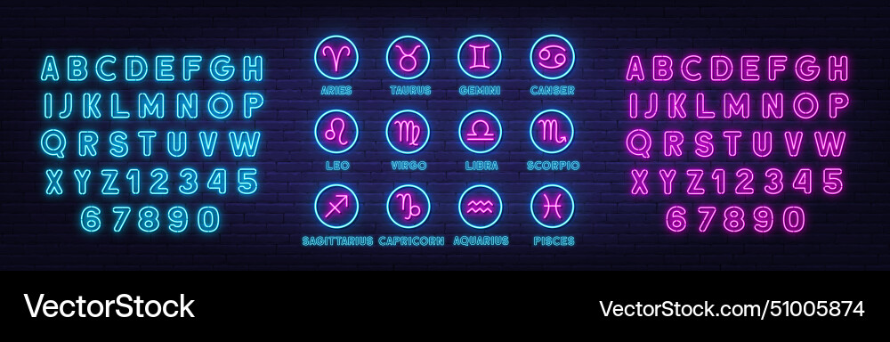 Neon zodiac signs set horoscope symbols Royalty Free Vector