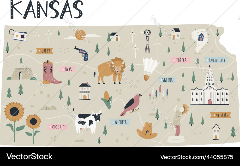 Kansas map state with landmarks and symbols Vector Image