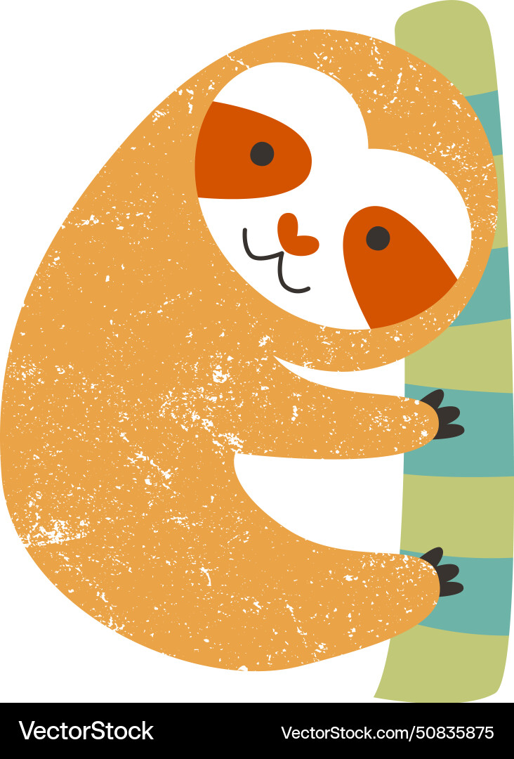 Sloth on tree with grunge texture Royalty Free Vector Image