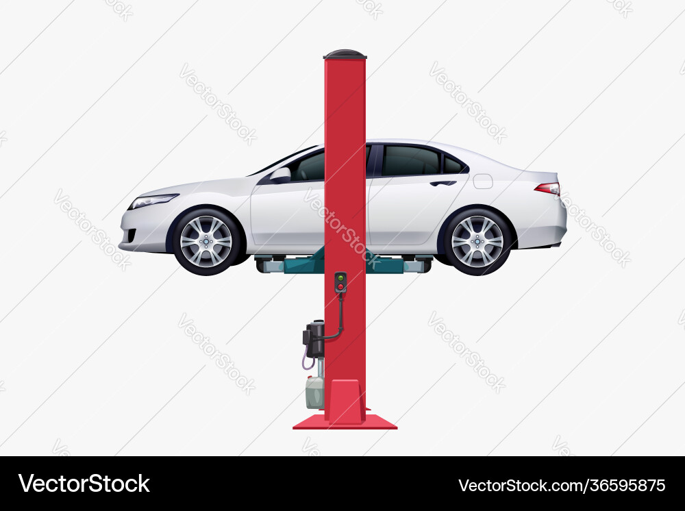 White vehicle on car lift side view Royalty Free Vector