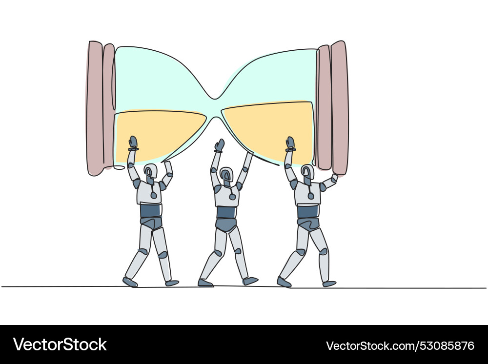 Single one line drawing group of robots work Vector Image