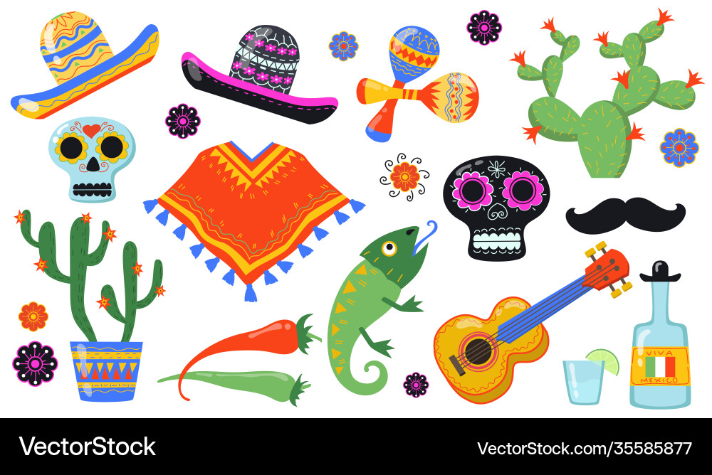 Various mexican symbols flat icon set Royalty Free Vector