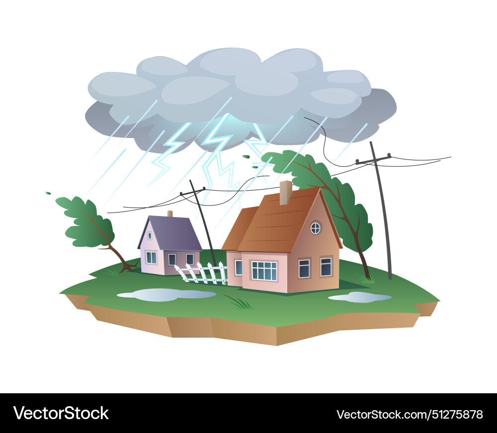 Rainstorm with lightening and strong wind 2d Vector Image