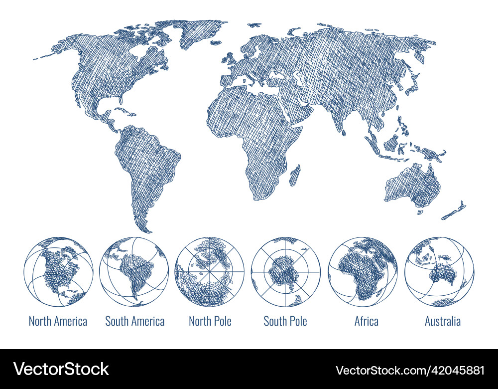 Earth Doodle Sketch - Global Map Royalty Free Vector Image