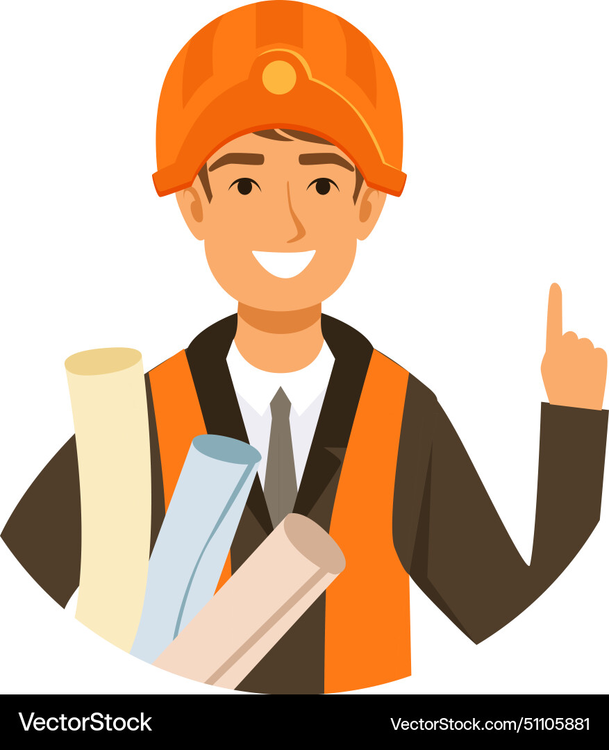 Engineer cartoon character man in hard hat hold Vector Image
