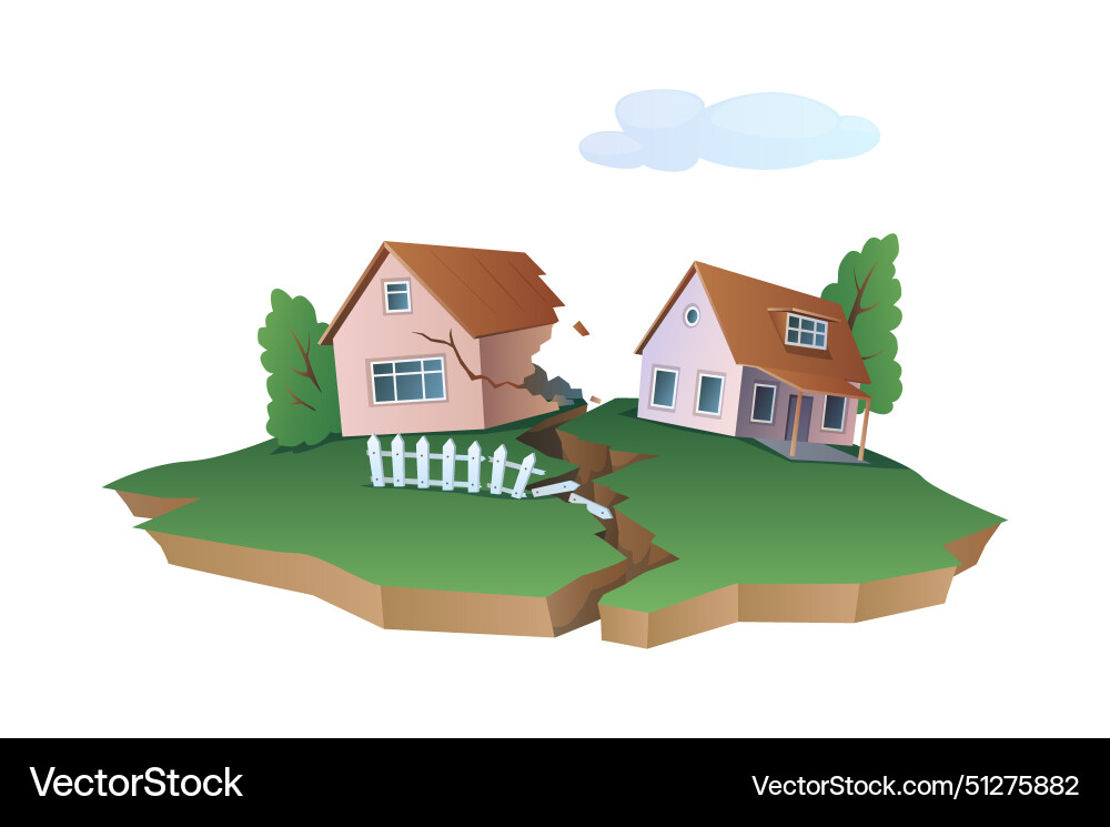 Deep trench between houses after earthquake 2d Vector Image