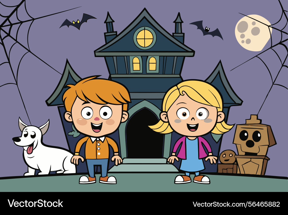 Two excited siblings with their dog exploring a Vector Image