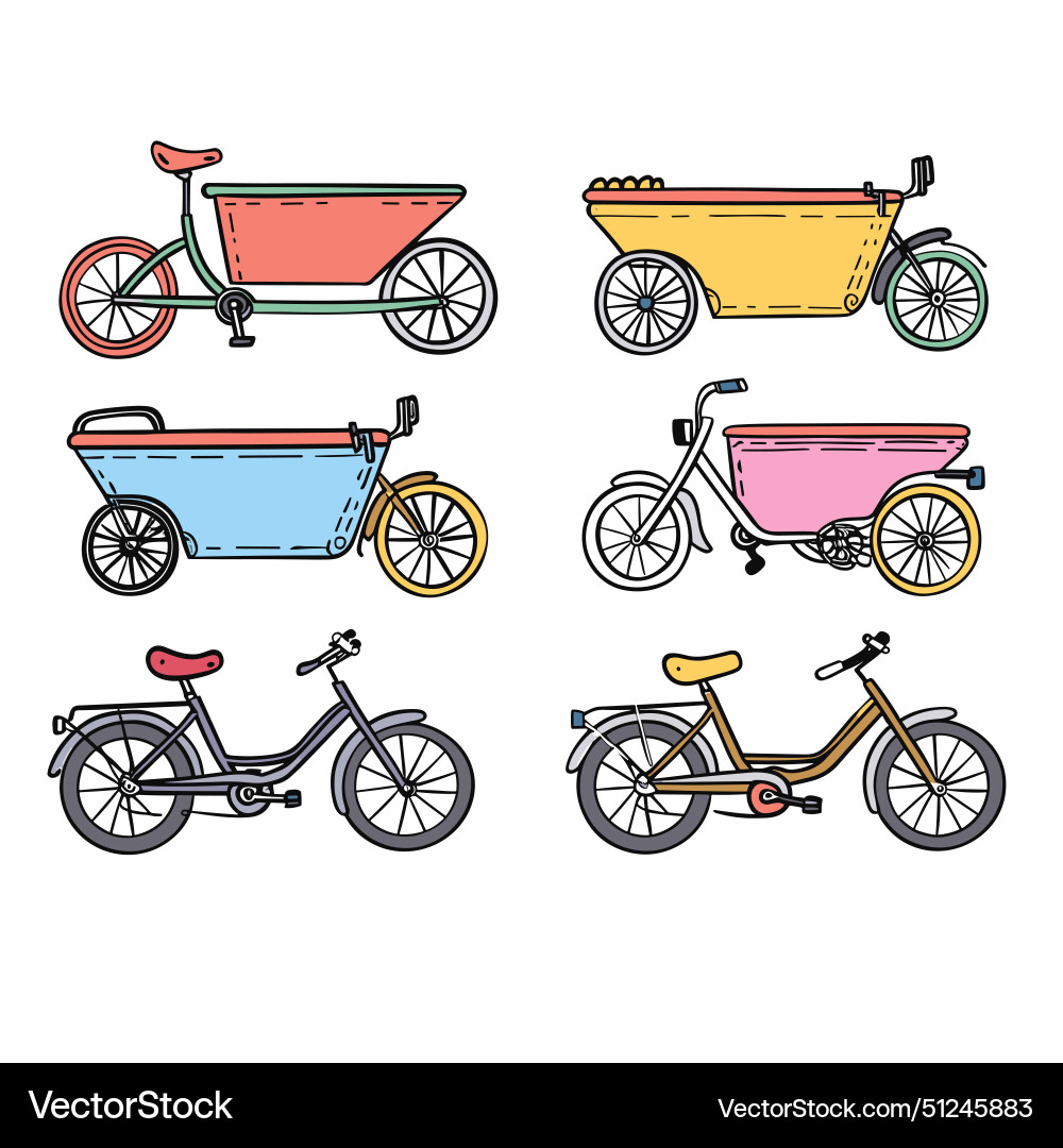 Four colorful cargo bicycles isolated Royalty Free Vector