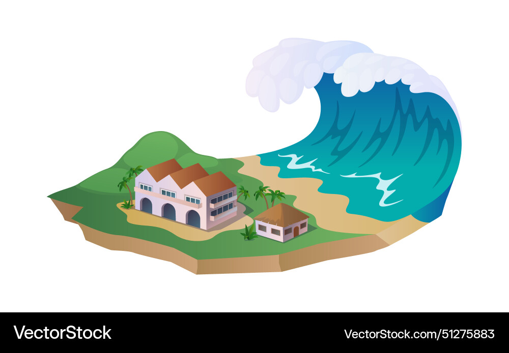 Tsunami running on tropical resort town 2d Vector Image