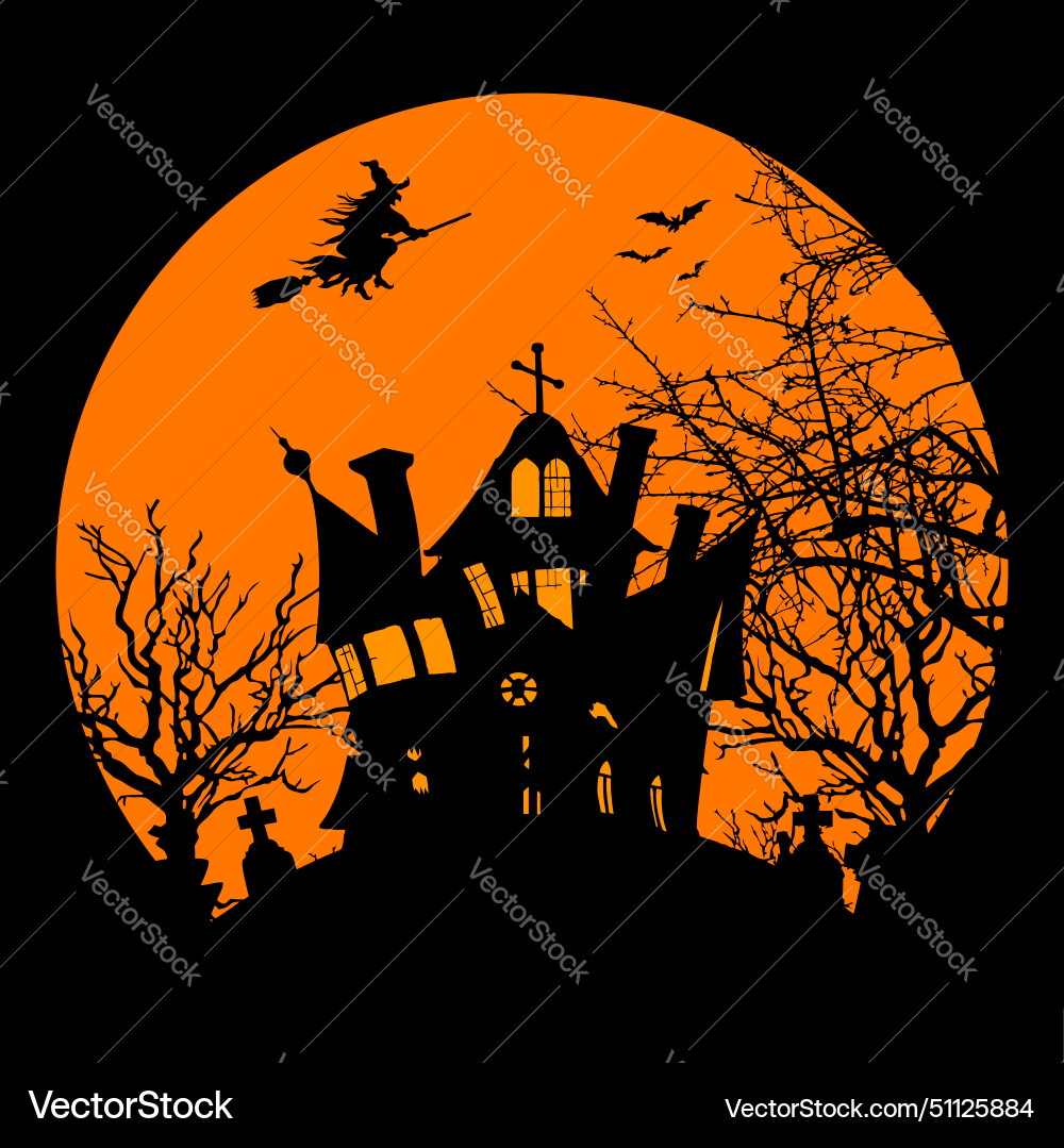 Haunted halloween house with bats and witch Vector Image