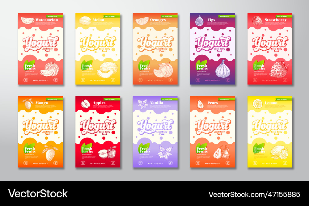 Fruits and berries yogurt label templates set Vector Image
