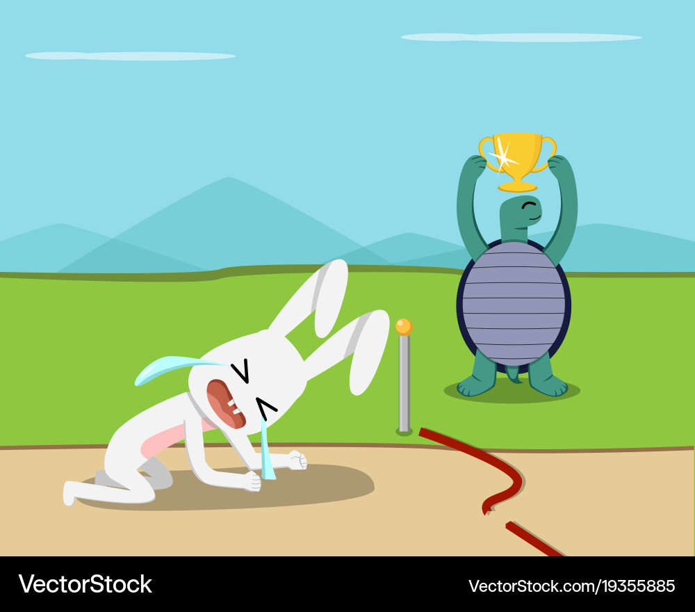 Tortoise win rabbit lose at finish line Royalty Free Vector