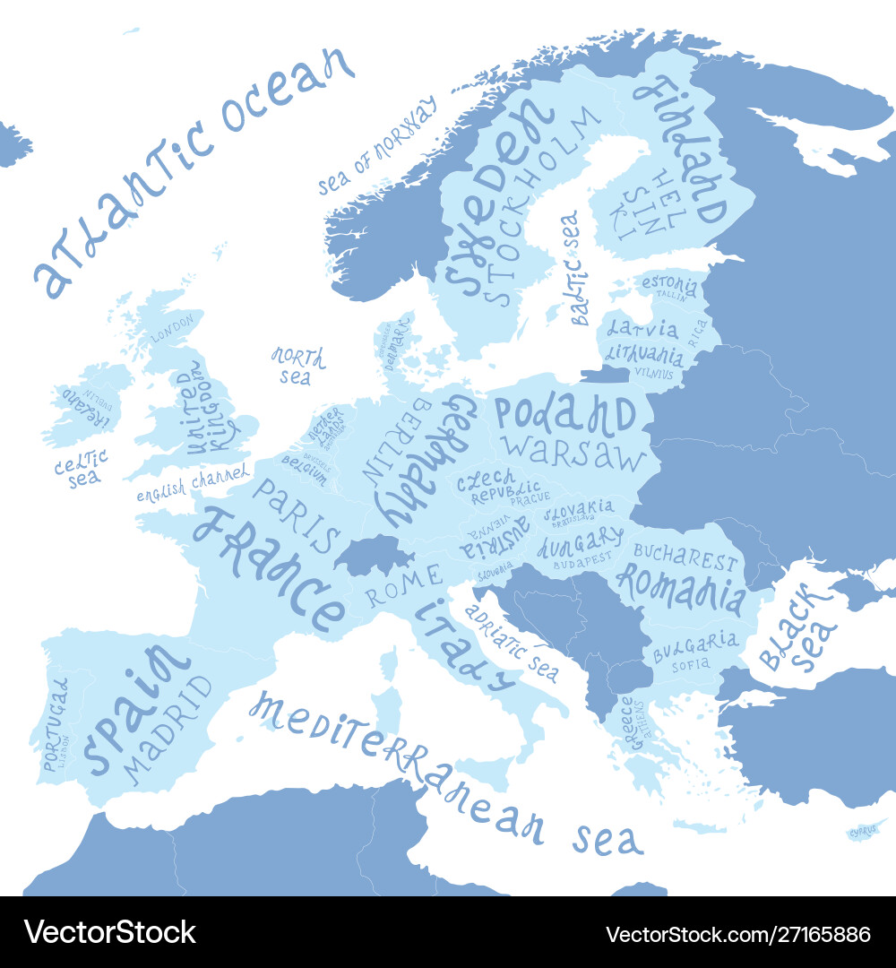 Map europe with hand drawn lettering Royalty Free Vector