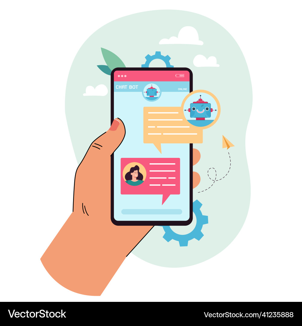 Hand holding mobile phone with chat bot on screen Vector Image