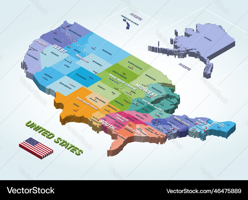 United states isometric map colored by regions Vector Image