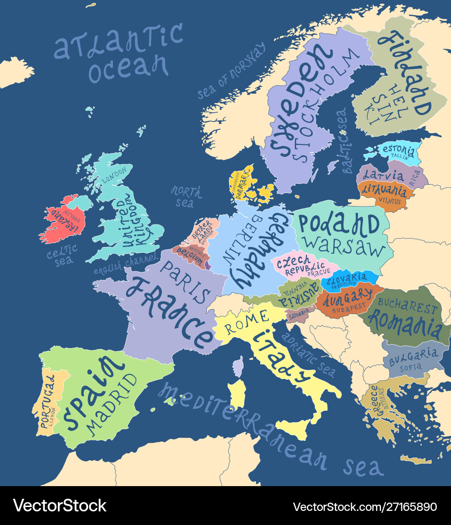 Map europe with hand drawn lettering Royalty Free Vector