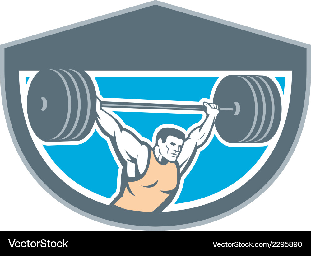 Weightlifter lifting barbell shield retro Vector Image