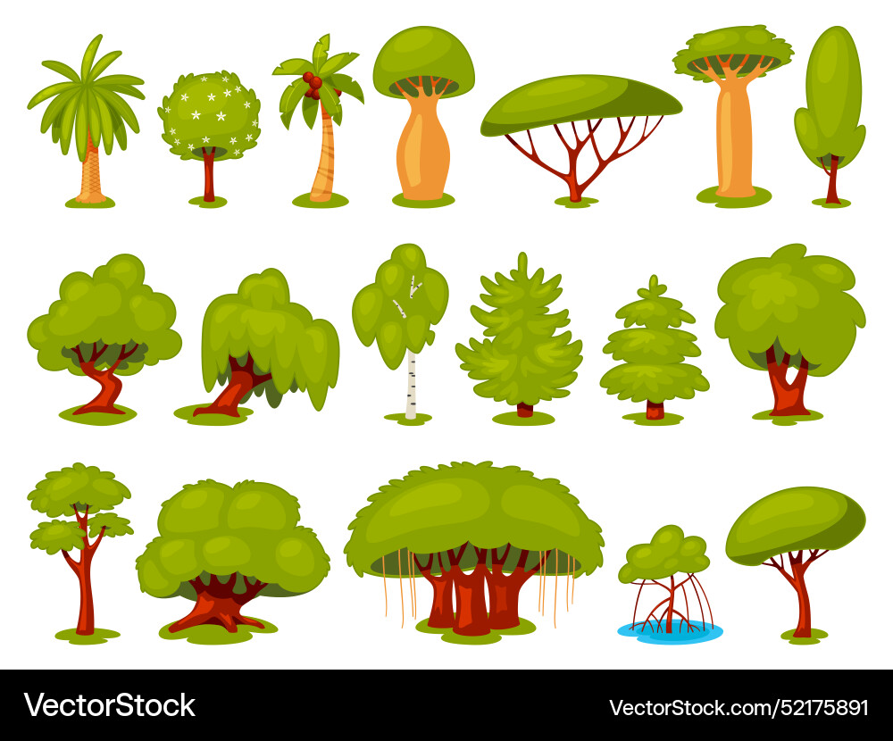 Cartoon deciduous and coniferous trees stylized Vector Image