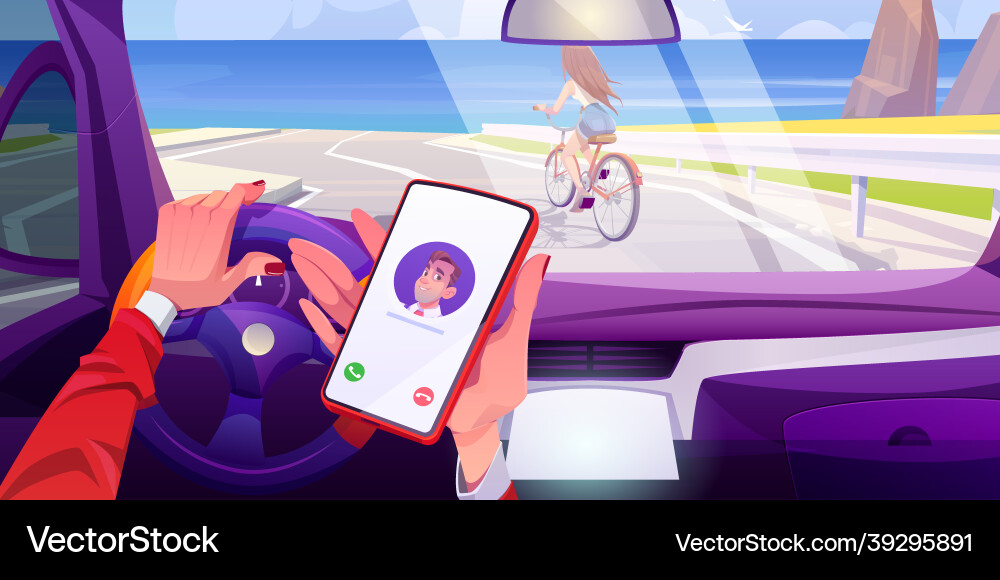 Driver hands holding mobile phone steering car Vector Image