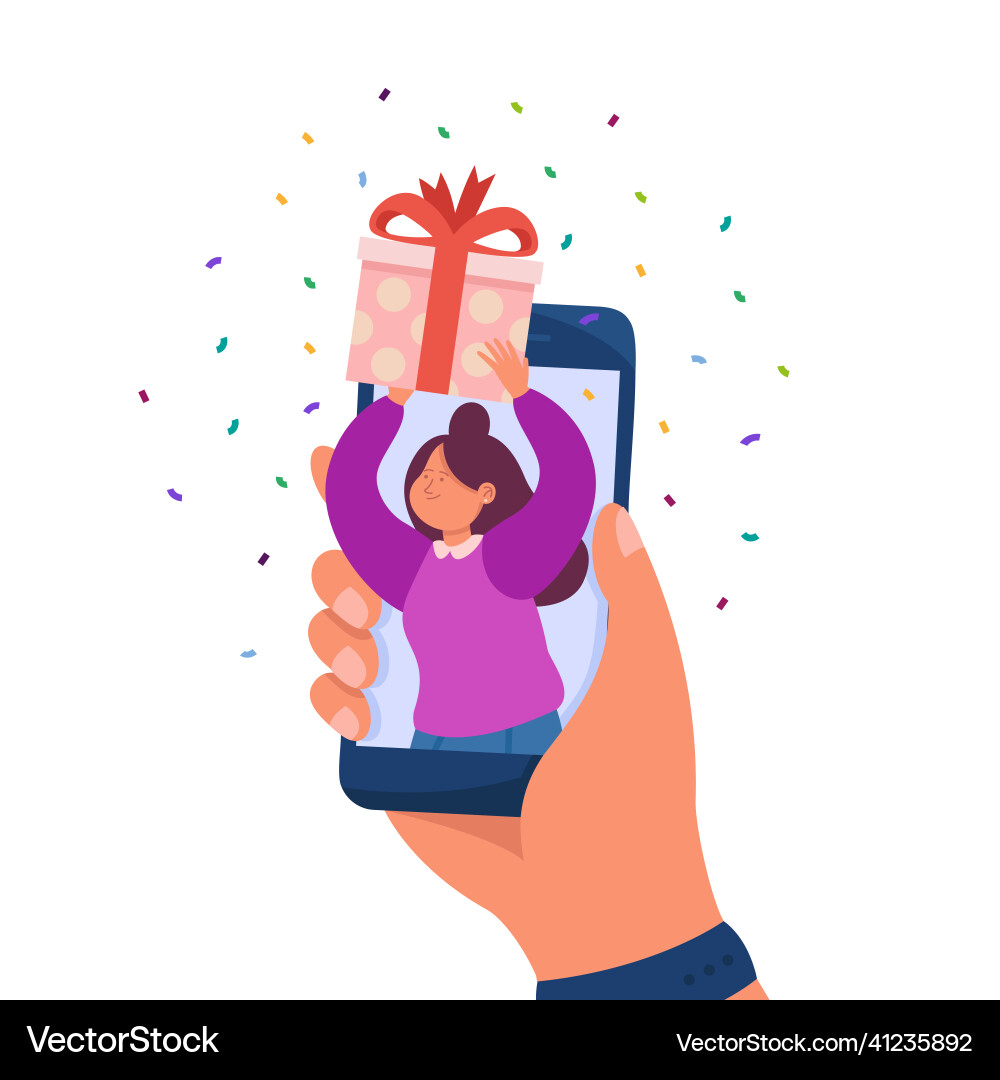Hand holding phone with gift box and greeting Vector Image